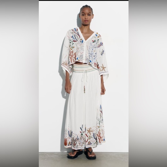 Zara | Skirts | Zara White Embroidered Long Skirt | Poshmark